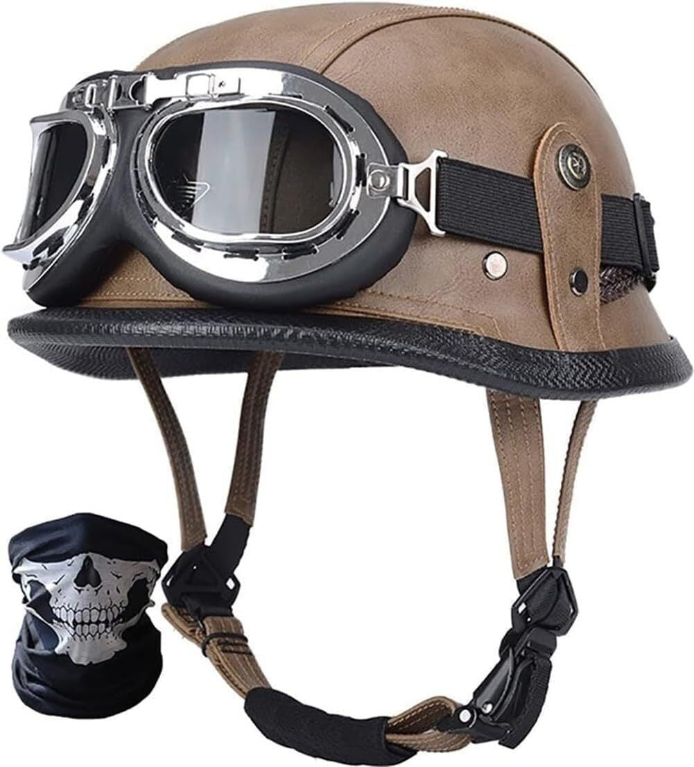 Retro German Leather Motorcycle Half Helmet DOT/ECE Approved for Adult ...