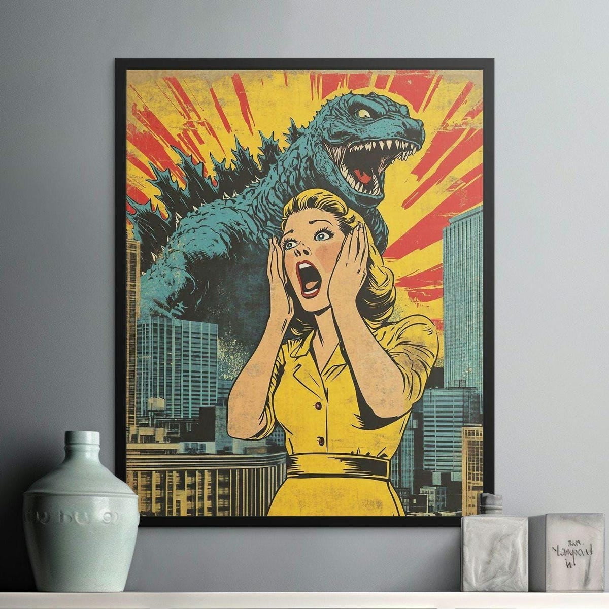 Retro Godzilla Posters, Atomic Kaiju Art, Woman Scared Posters, Vintage ...