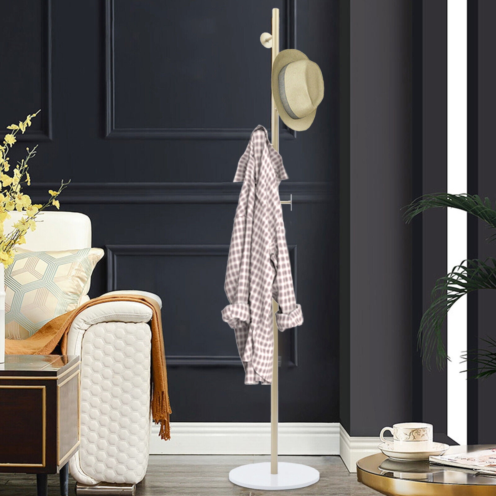 Retro Golden Metal Coat Rack Hat Hangers With Stable Round Marble Base+ ...