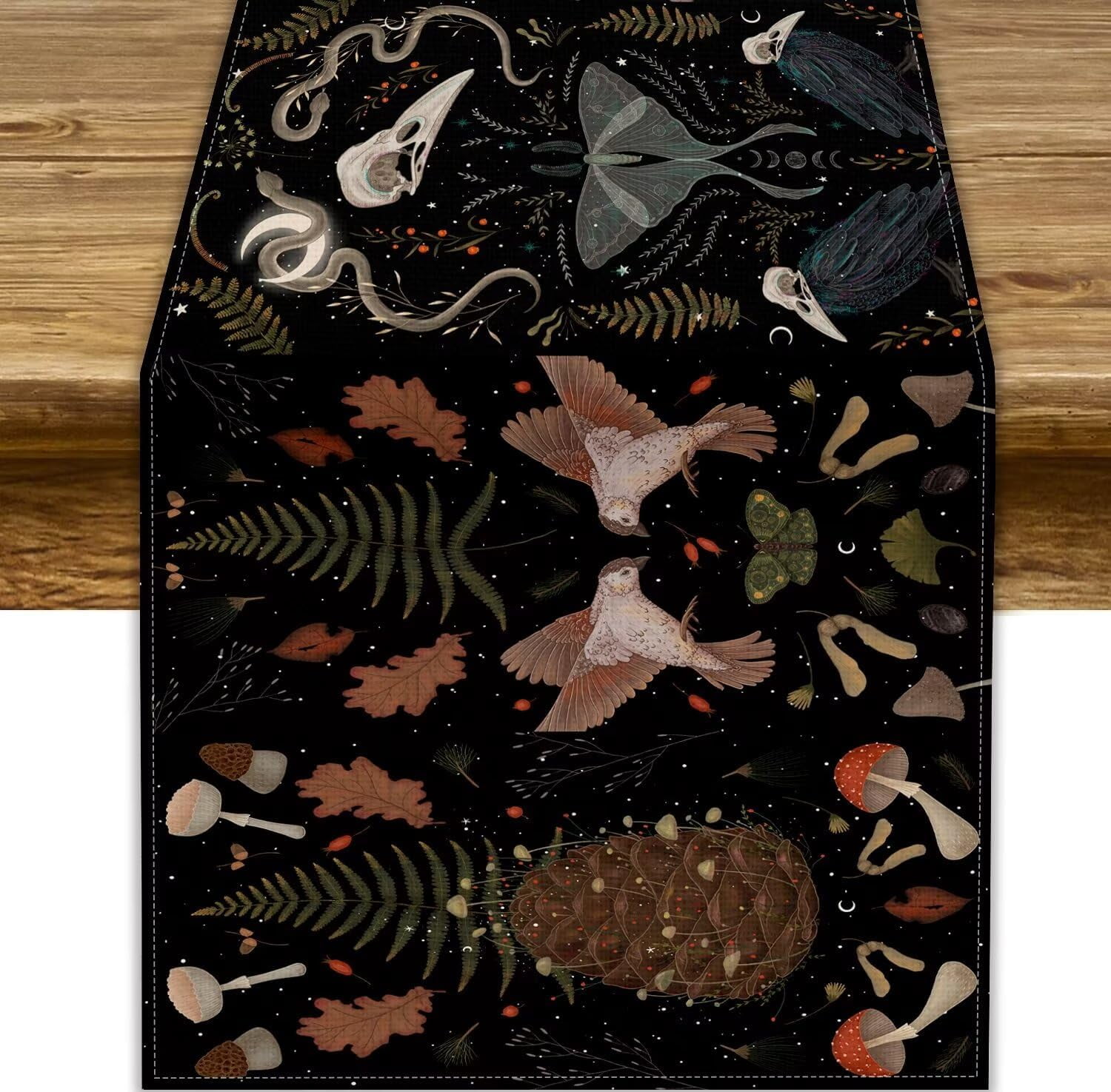 Retro Gothic Table Runner Halloween Crow Moth Fantasy Bird Snake Floral ...