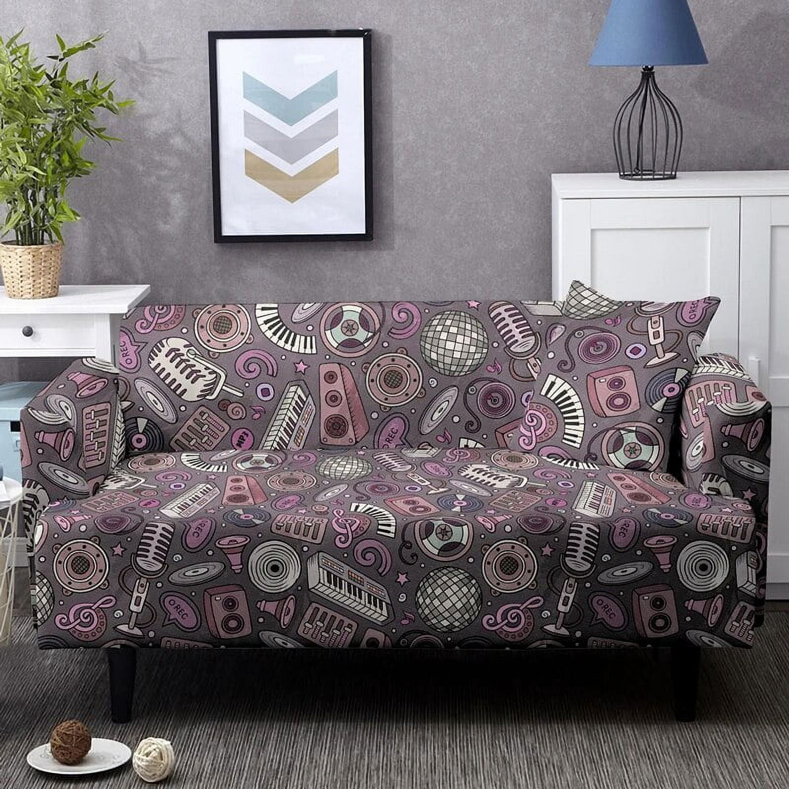 Retro Graffiti Music Instrument Stretch Sofa Cover For Living Room ...