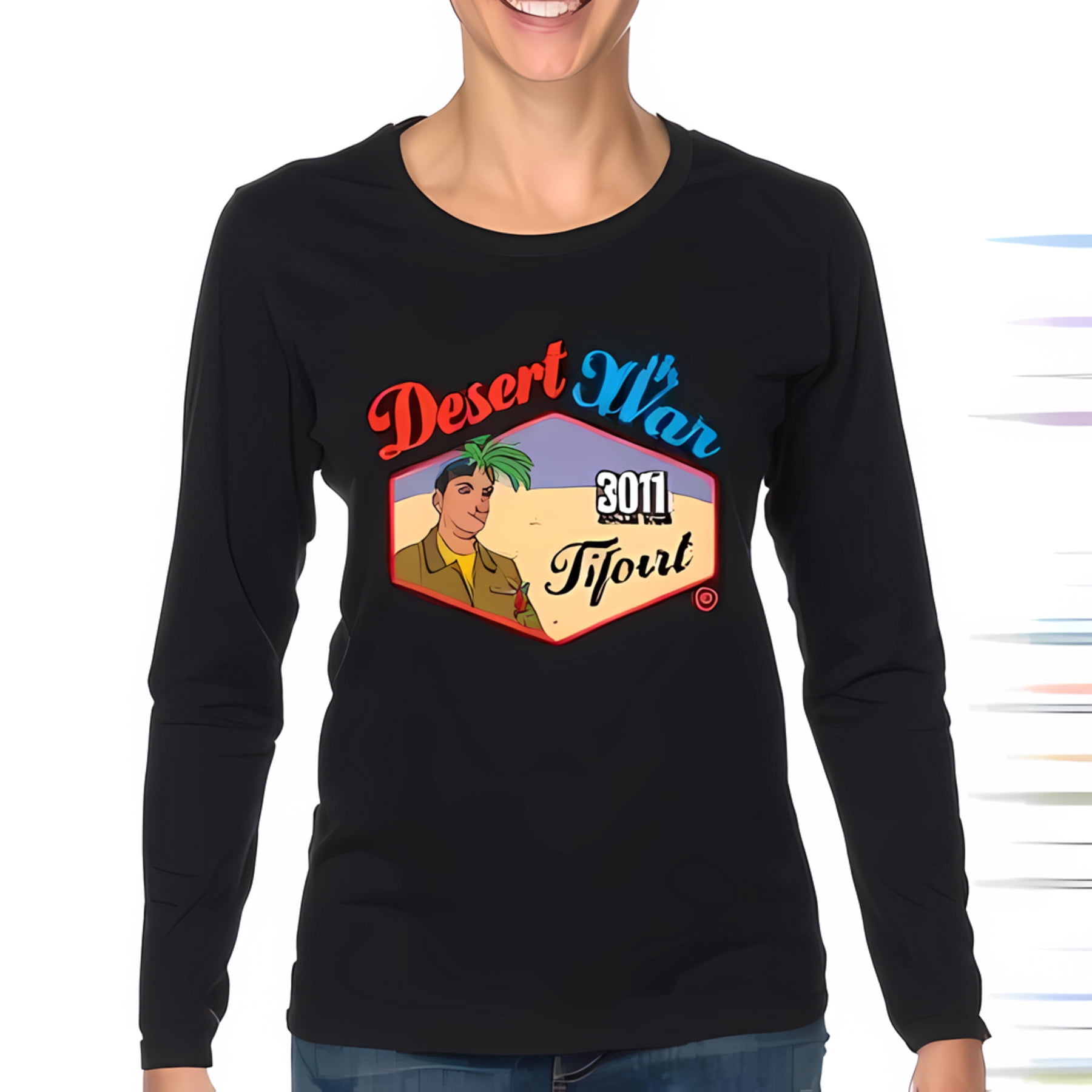 Retro Graphic Long Sleeve T-Shirt - Cartoon Man Relaxing on Beach with ...