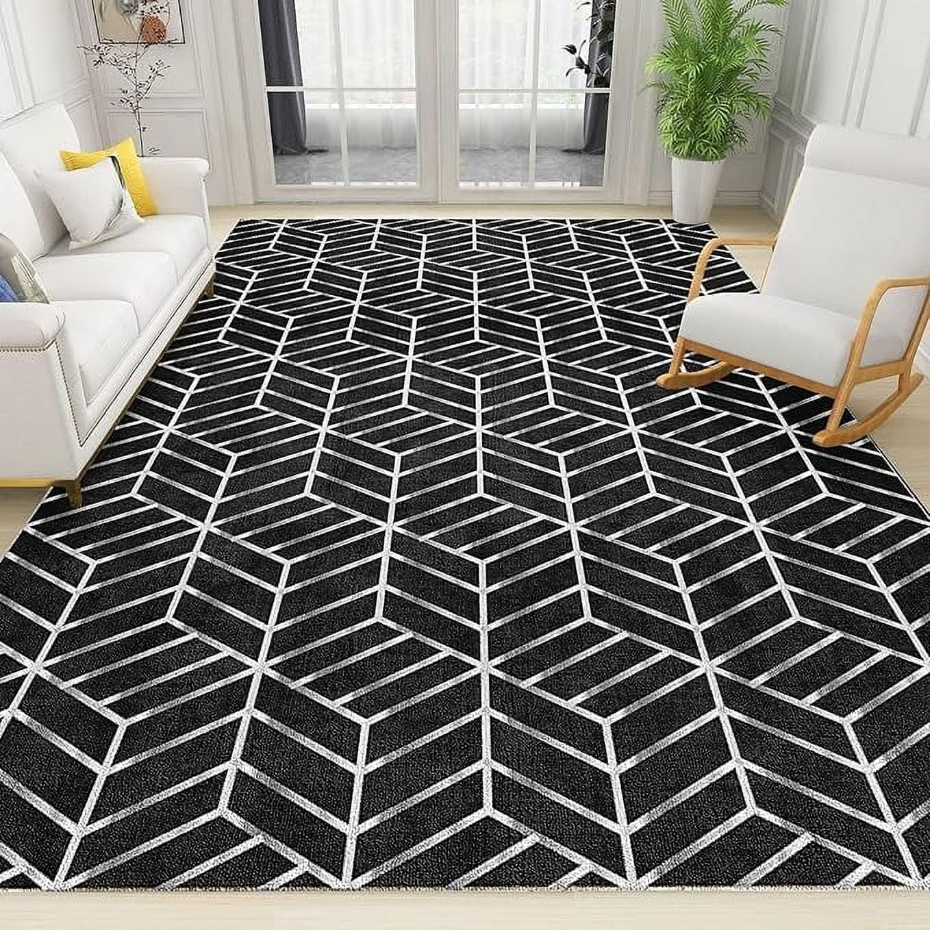 Retro Gray Lines Living Room Rug, Simple Black And White Geometric Area ...