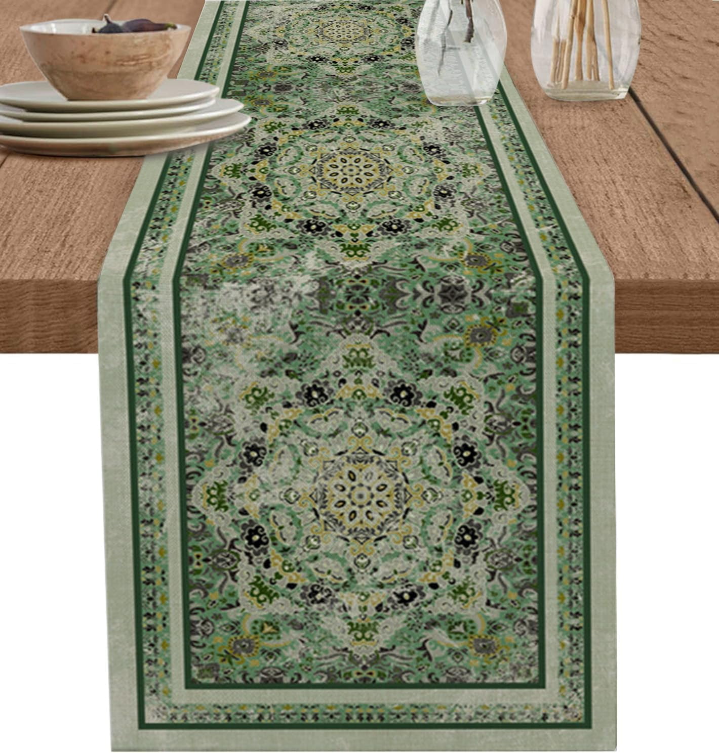 Retro Green Floral Linen Table Runners Rustic Tribal Ethnic Bohemian ...