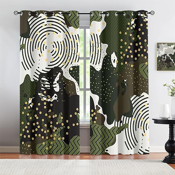 Retro Green Geometric Lines Blackout Window Curtain, Modern Fashion ...