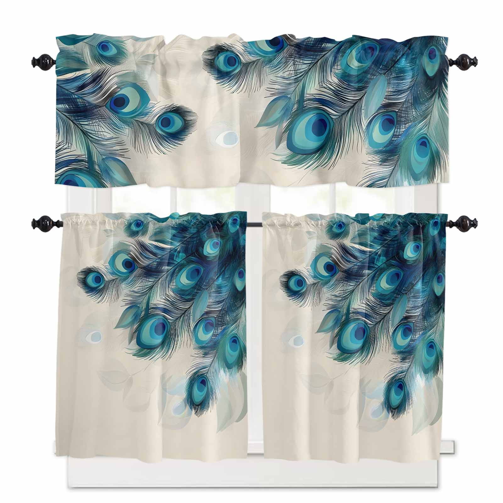 Retro Green Kitchen Curtains and Valances Set, Blue Peacock Feathers ...