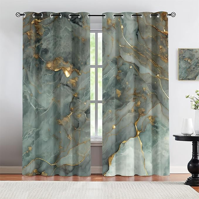 Retro Green Marble Texture Window Curtains, Abstract Art Grommet Drapes ...