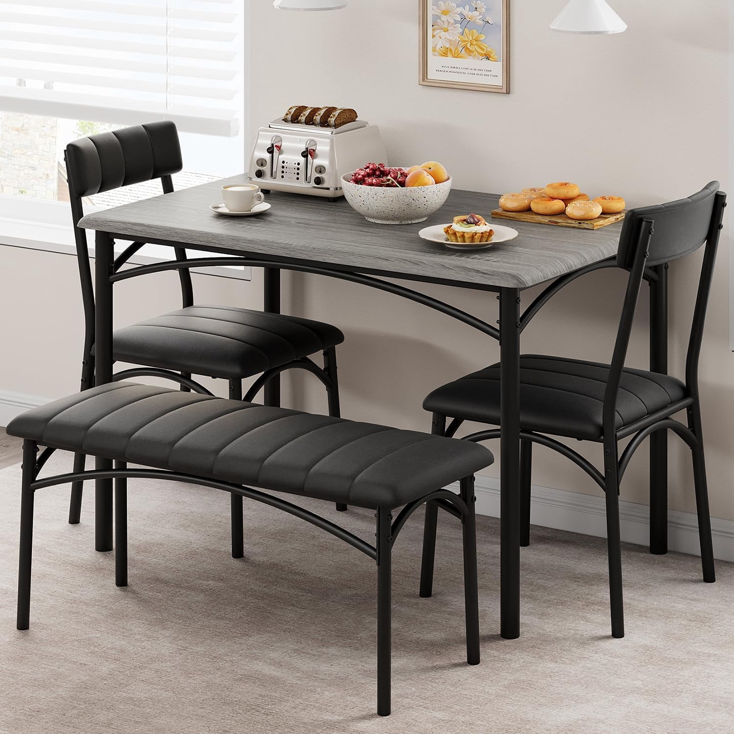 Retro Grey Dining Table Set for 4, Rectangular Wood Kitchen Table with ...