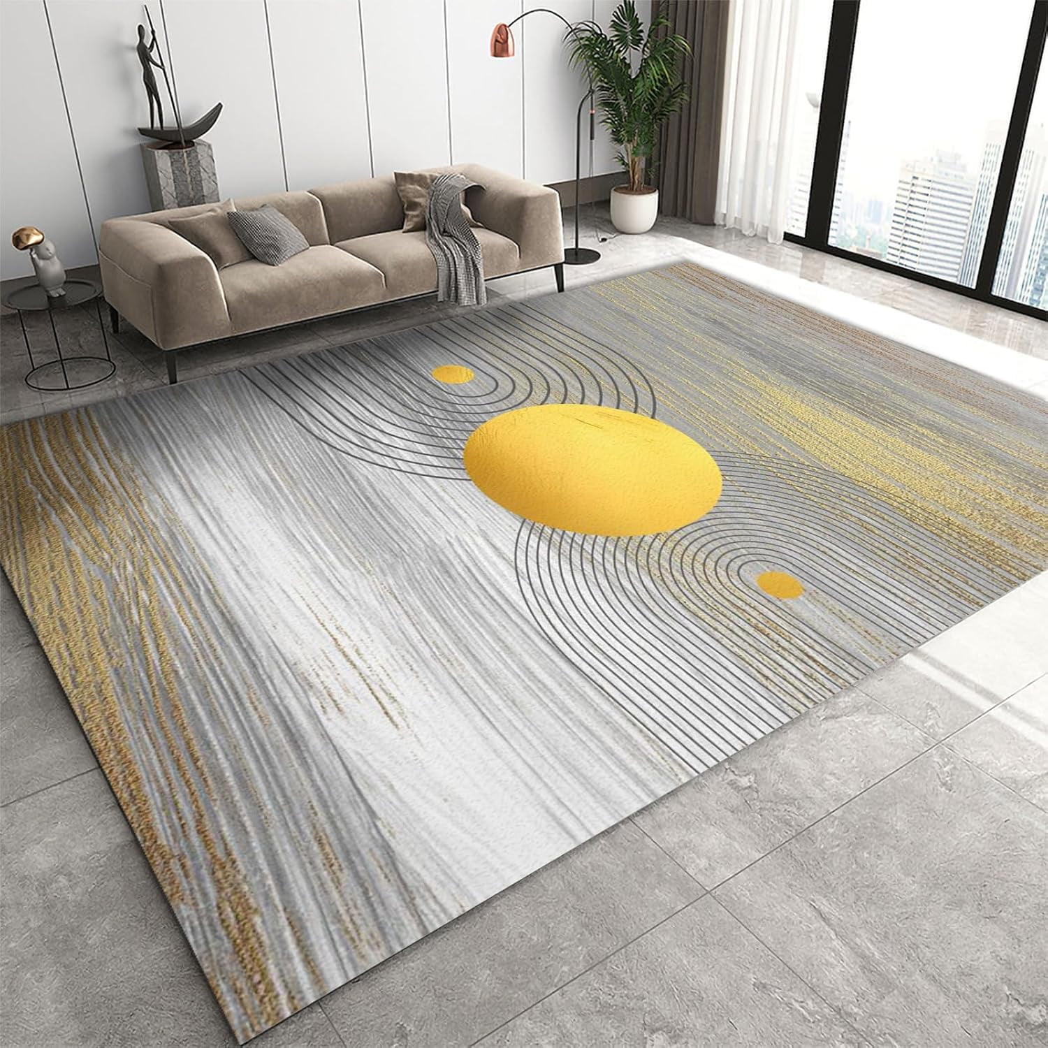 Retro Grey Gold Leaf Texture Area Rug ，Modern Geometry Arched Lines Sun ...