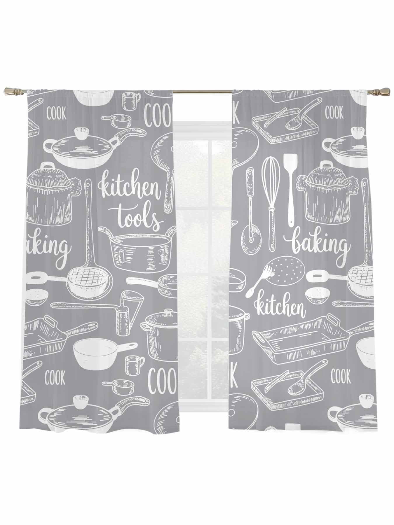 Retro Grey White Sheer Curtains 72 Inch Long 2 Panels, Kitchen Forks ...