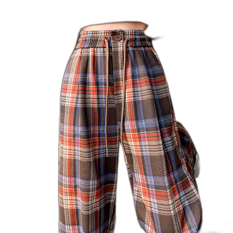 Retro Grid Wide -Leg Pants Female Spring High Waist Slim -Fitting Loose ...