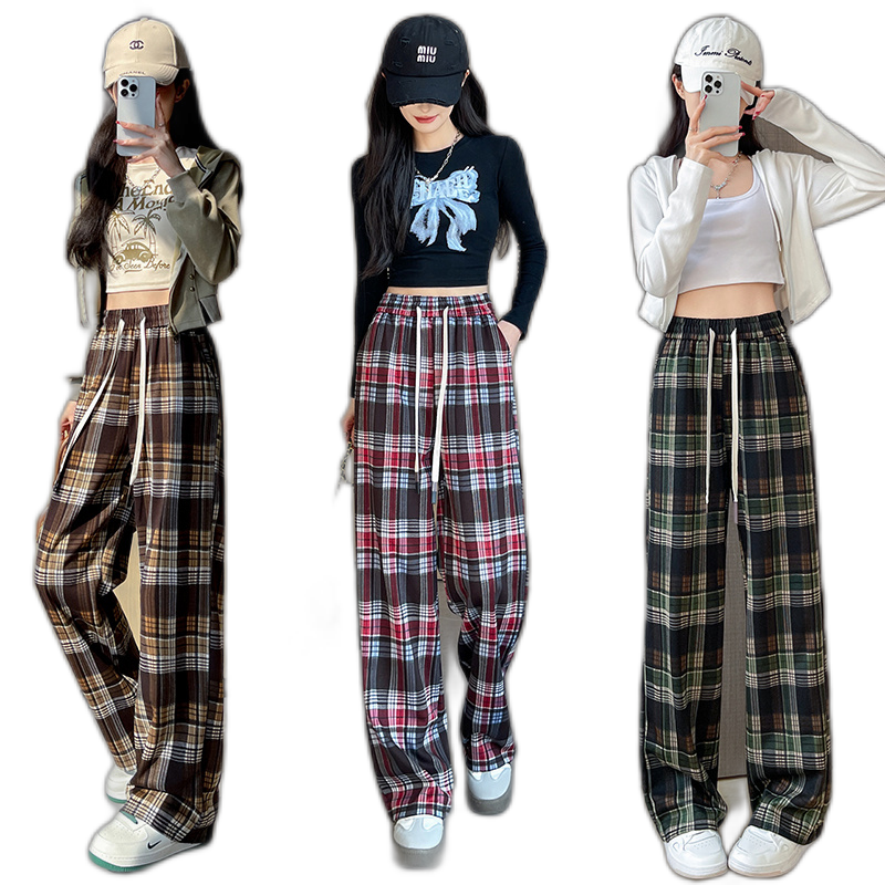 Retro Grid Wide -Leg Pants Female Spring Slim -Fitting Loose Casual ...