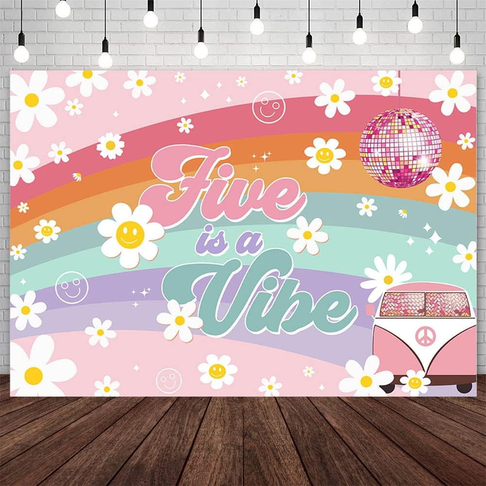 Retro Groovy 5th Birthday Backdrop for Girls Happy 5th Birthday ...