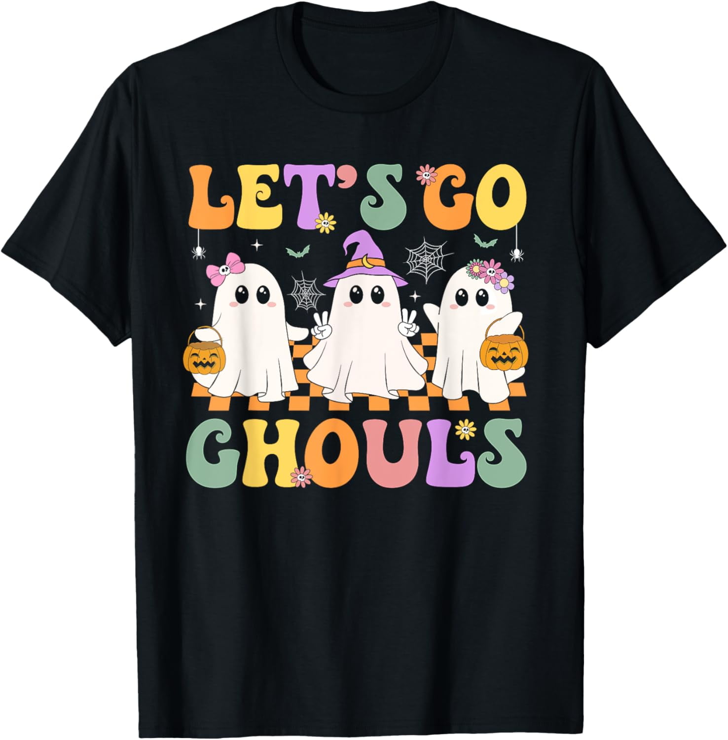 Retro Groovy Halloween Womens Girls Funny Let's Go Ghouls T-Shirt ...