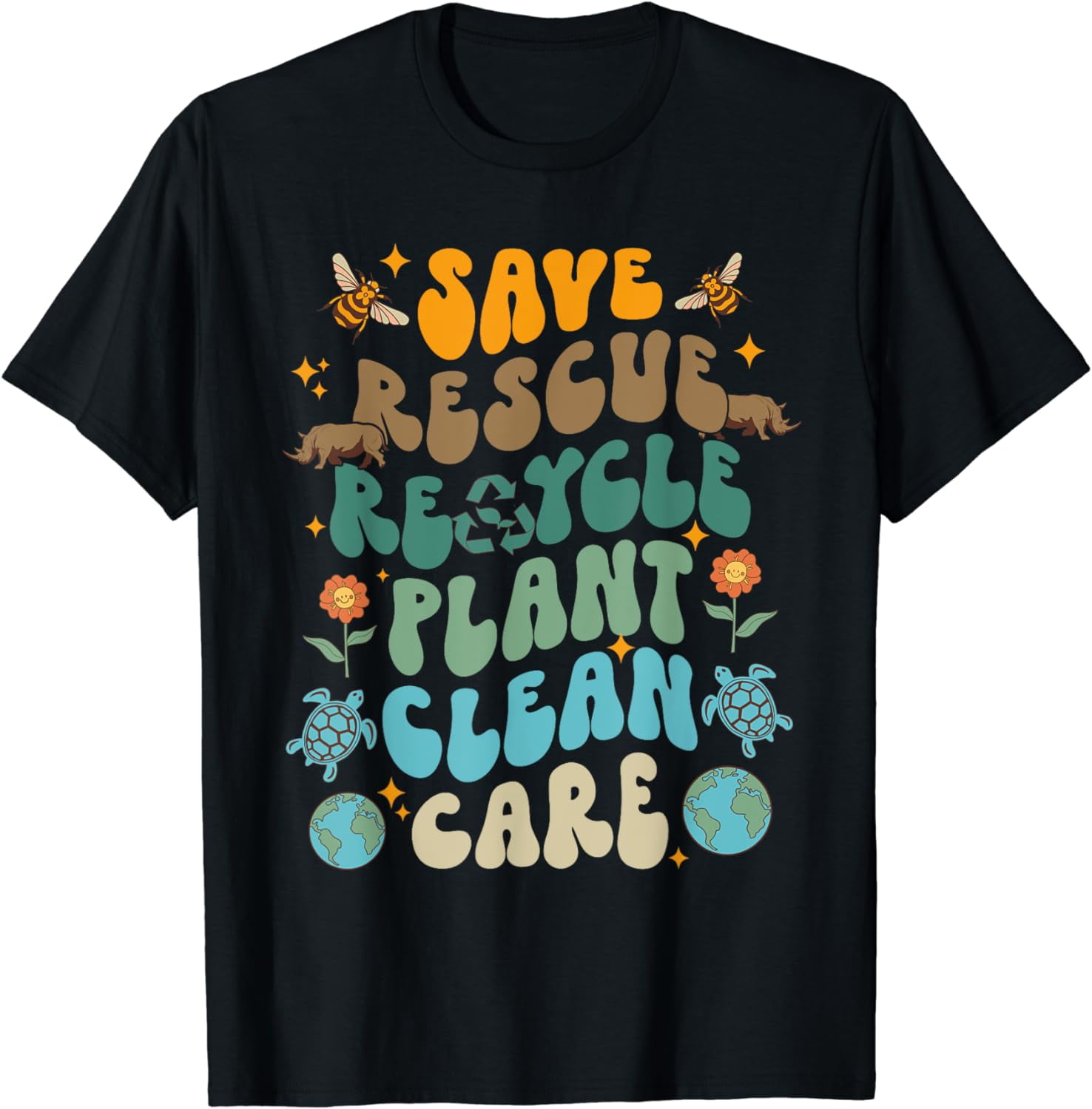 Retro Groovy Save Bees Rescue Animals Recycle Fun Earth Day T-Shirt ...