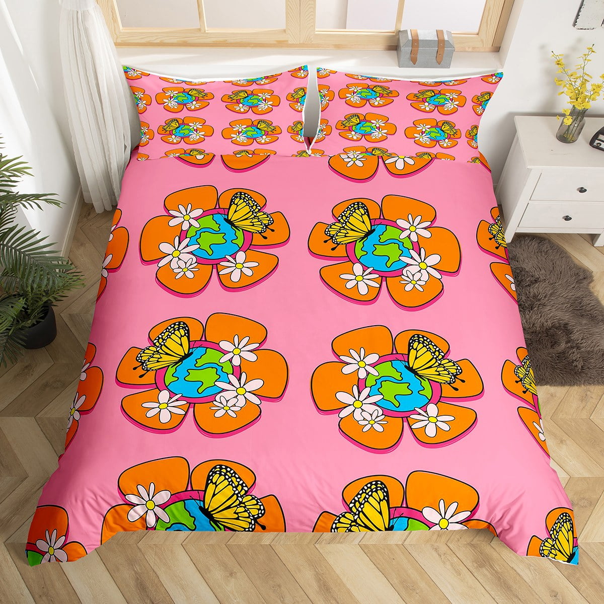 Retro Groovy Style Flower Duvet Cover King Retro Hippie Butterfly Print ...