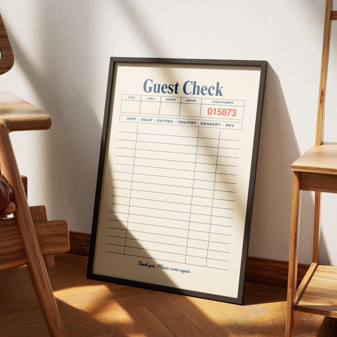 Retro Guest Check Poster, Kitchen Bar Wall Art,, Unframed Canvas Size ...