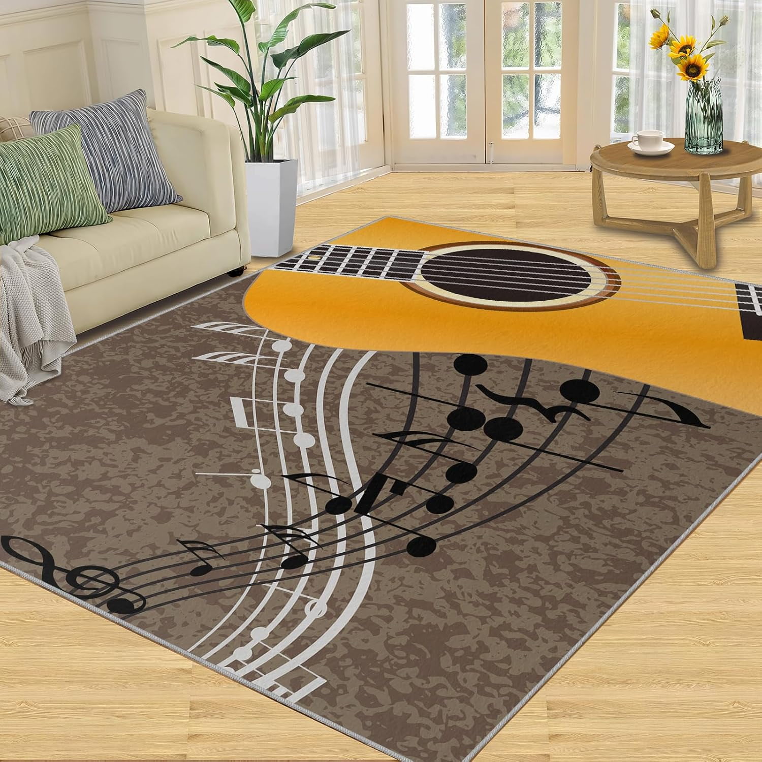 Retro Guitar Music Lover Area Rug, Musical Note Rugs for Living Room ...