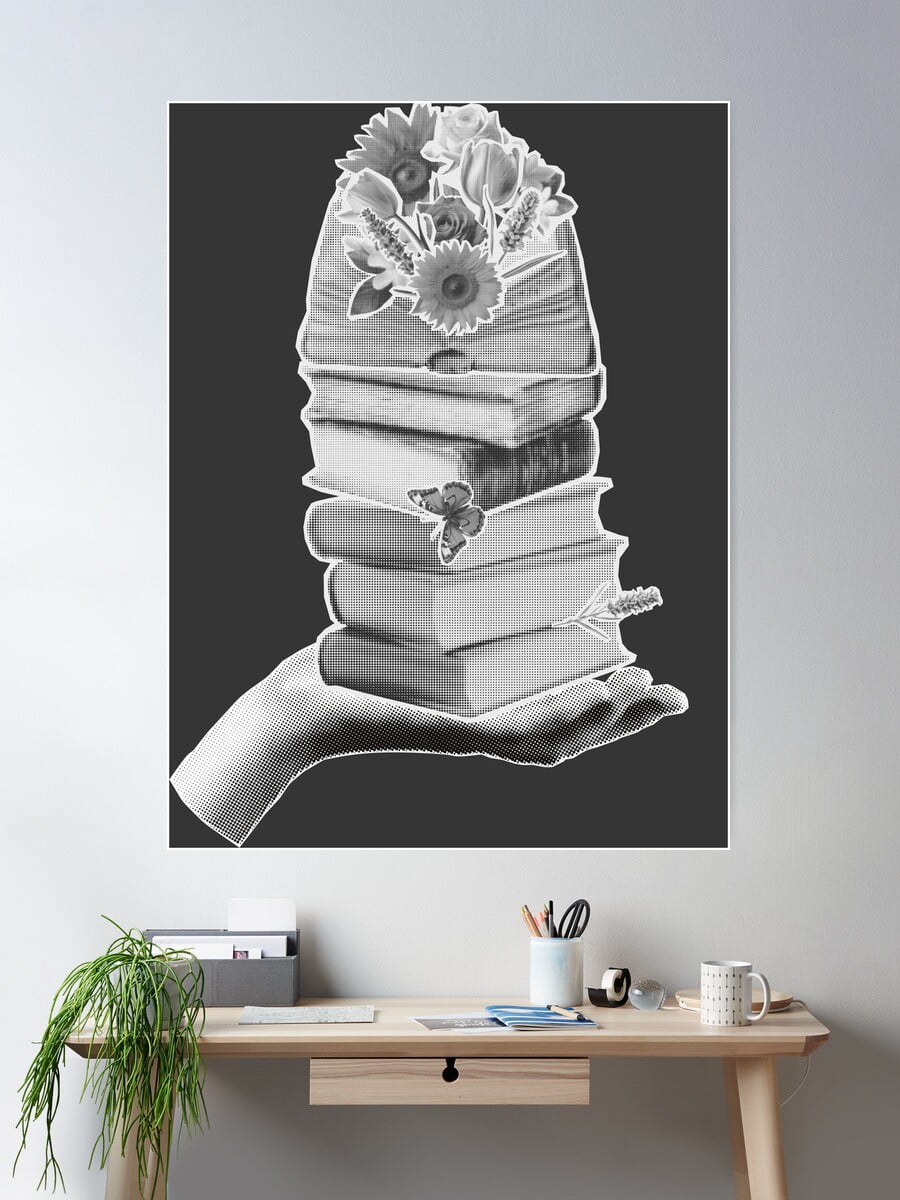 Retro Halftone Magazine Cut Out Black And White Stack Of Books Open Book With Florals Poster ...