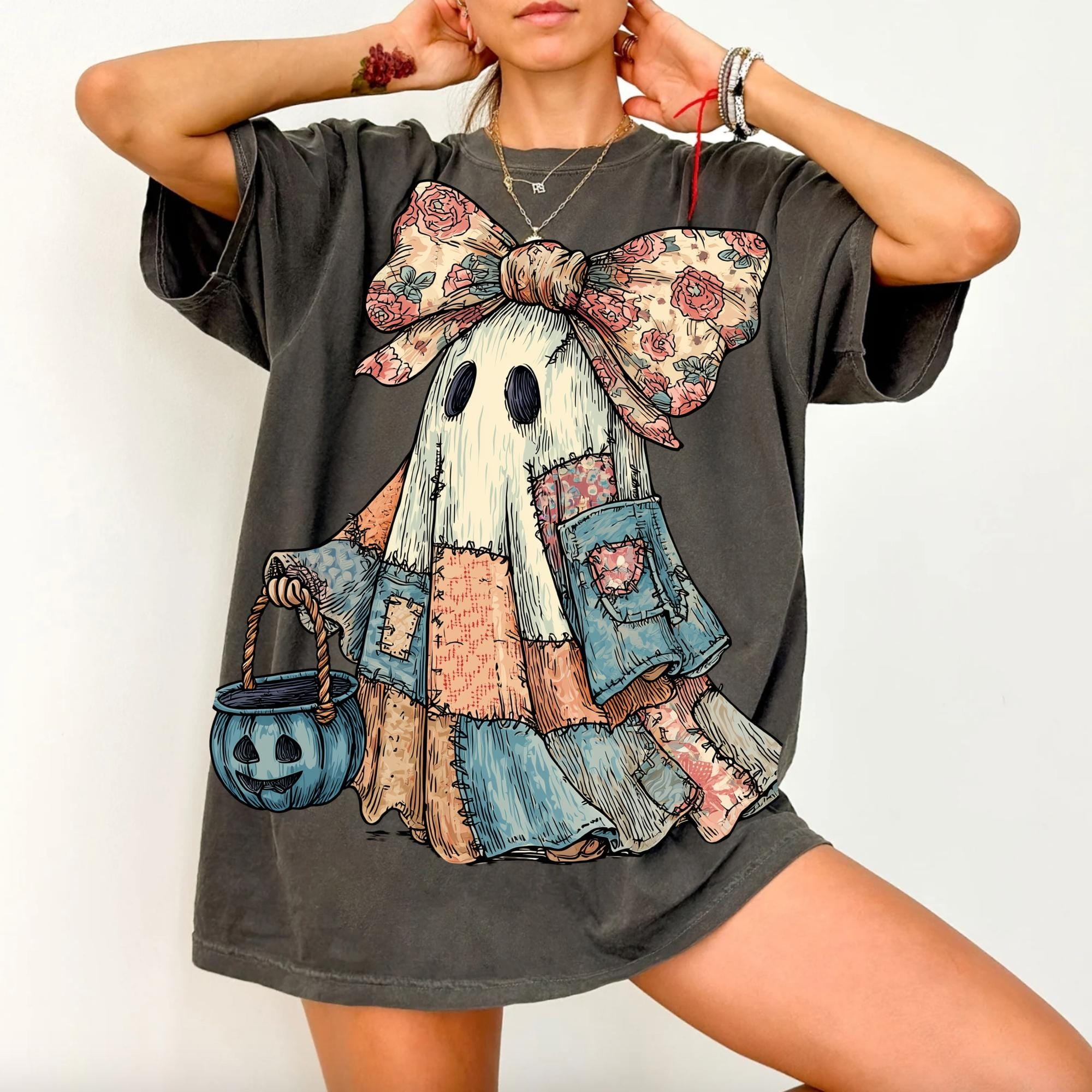 Retro Halloween Blue Denim Ghost Png, Trendy Patchwork Spooky Ghost Png, Cute Boo Ghost Coquette ...