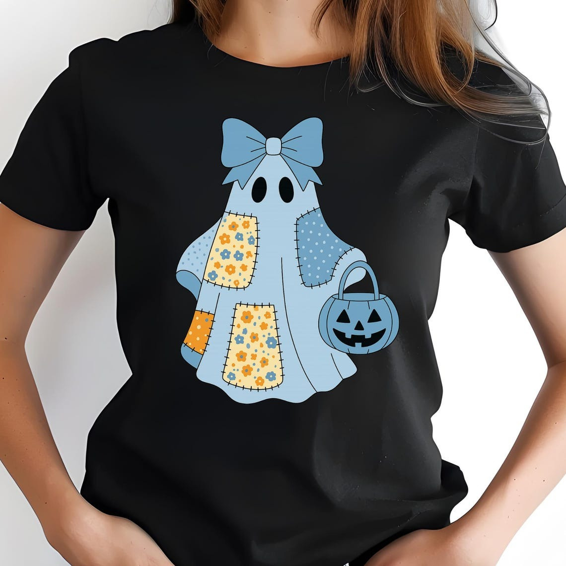Retro Halloween Blue Denim Ghost , Trendy Patchwork Spooky Ghost shirt ...