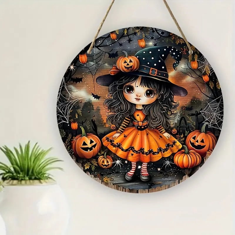 Retro Halloween Wooden Sign round Ghost Pumpkin Witch Hat Design Porch ...