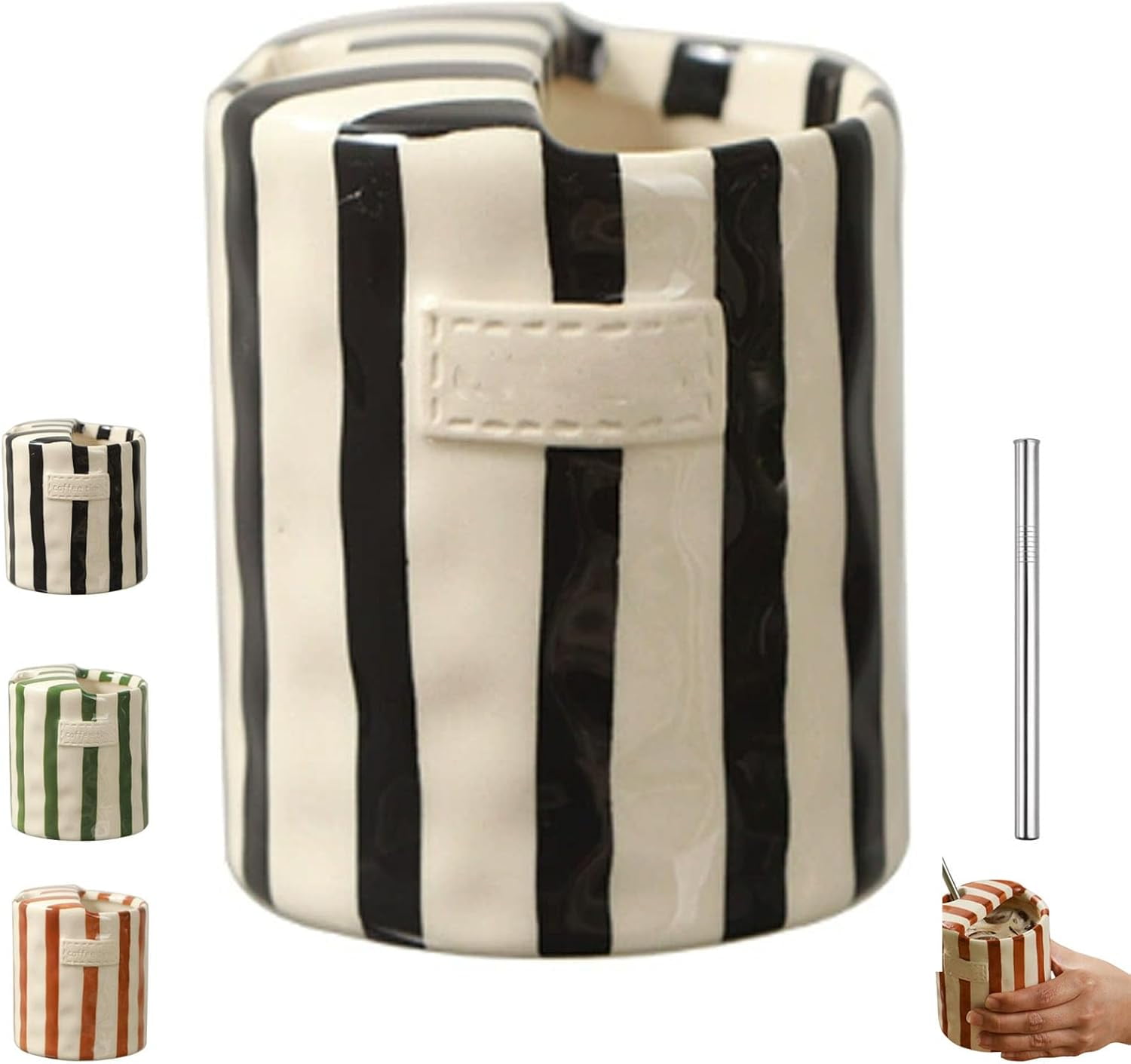 Retro Hand-Painted Striped Ceramic Coffee Cup with Sip Hole, 14oz ...