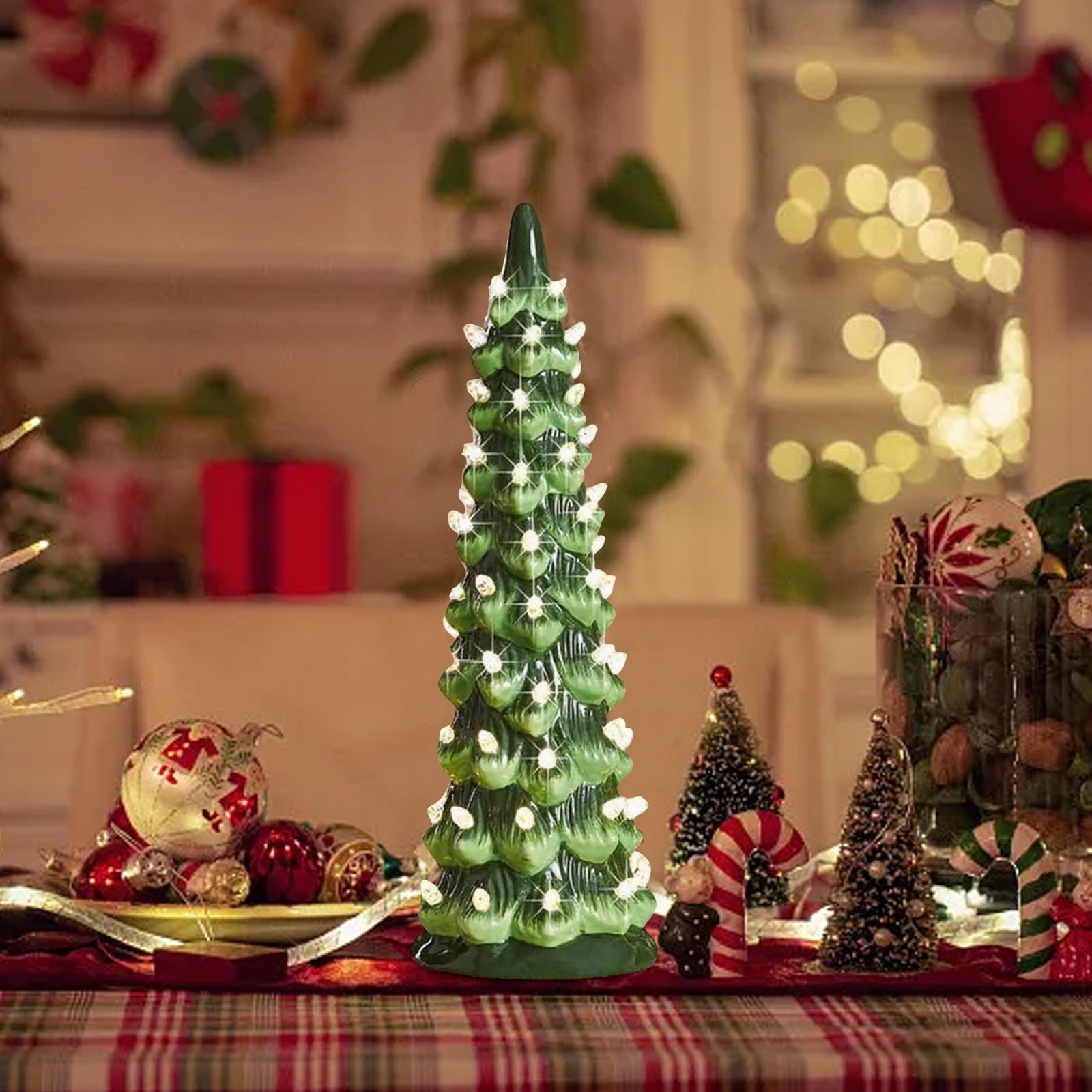Retro Hand-Painted Tabletop Christmas Trees with Timer, Pre-Lit Ceramic ...