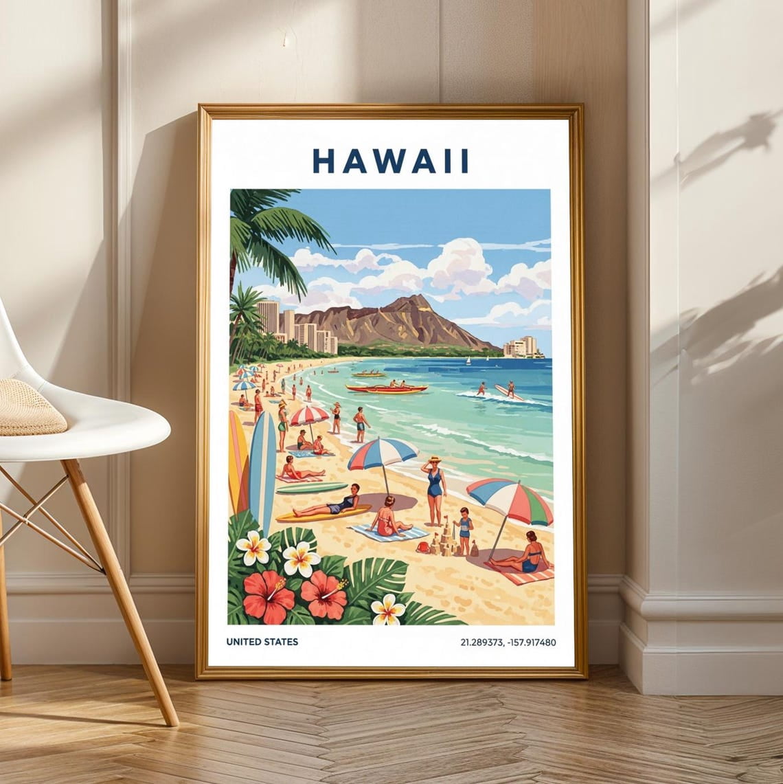 Retro Hawaiian Beach Scene Print: Diamond Head, Vintage Travel Art ...