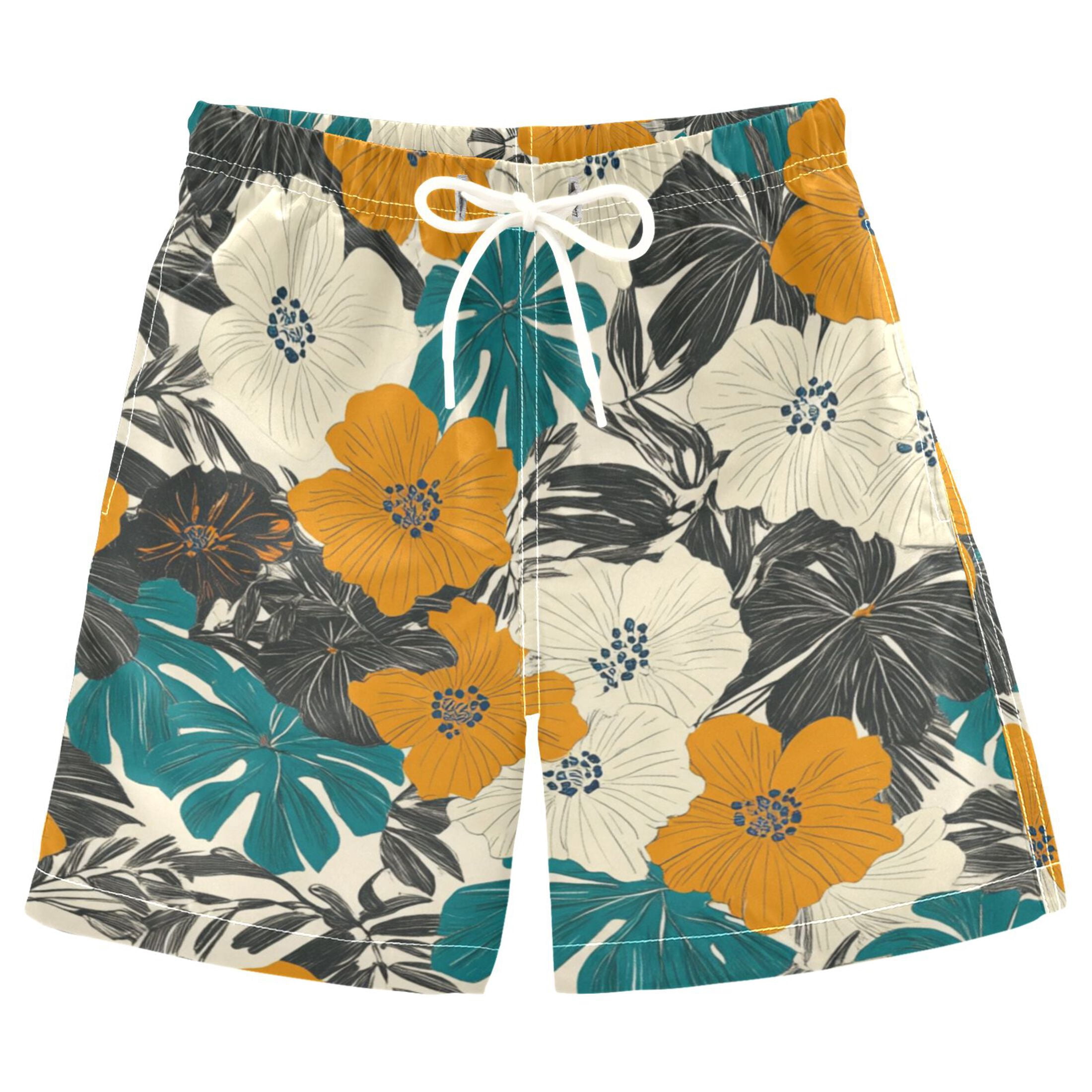 Retro Hibiscus Flowers Leaves Tropical Boys' Beach Pants Board Shorts ...