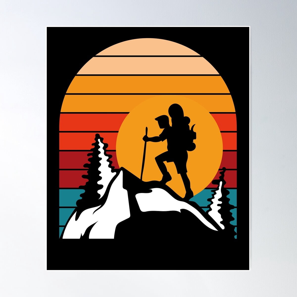 Retro Hiker Mountain Hike Trees Sunset Hiking Poster Wall Art, Modern ...