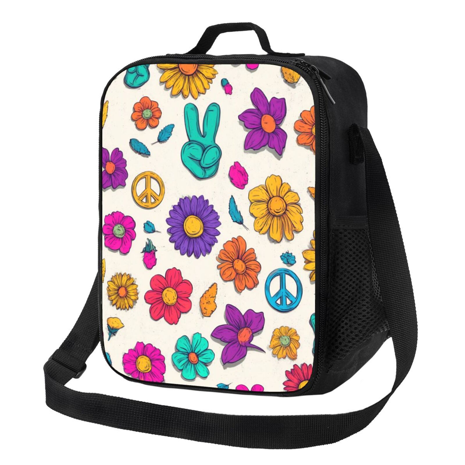 Retro Hippie Flowers And Peace Sign Lunch Bag Insulated Shoulder Tote ...