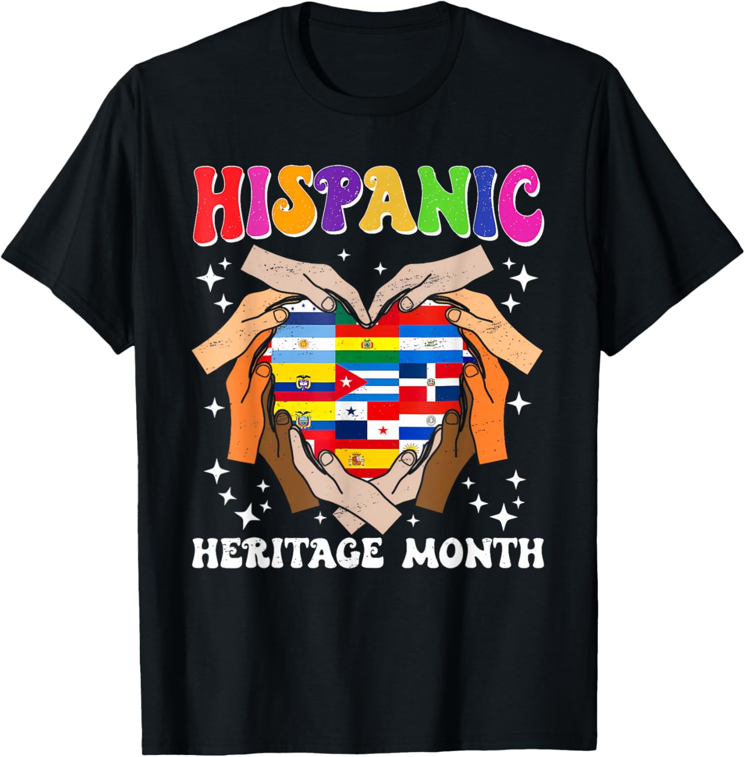 Retro Hispanic Heritage Month All Countries Heart Hand Gifts T-Shirt ...