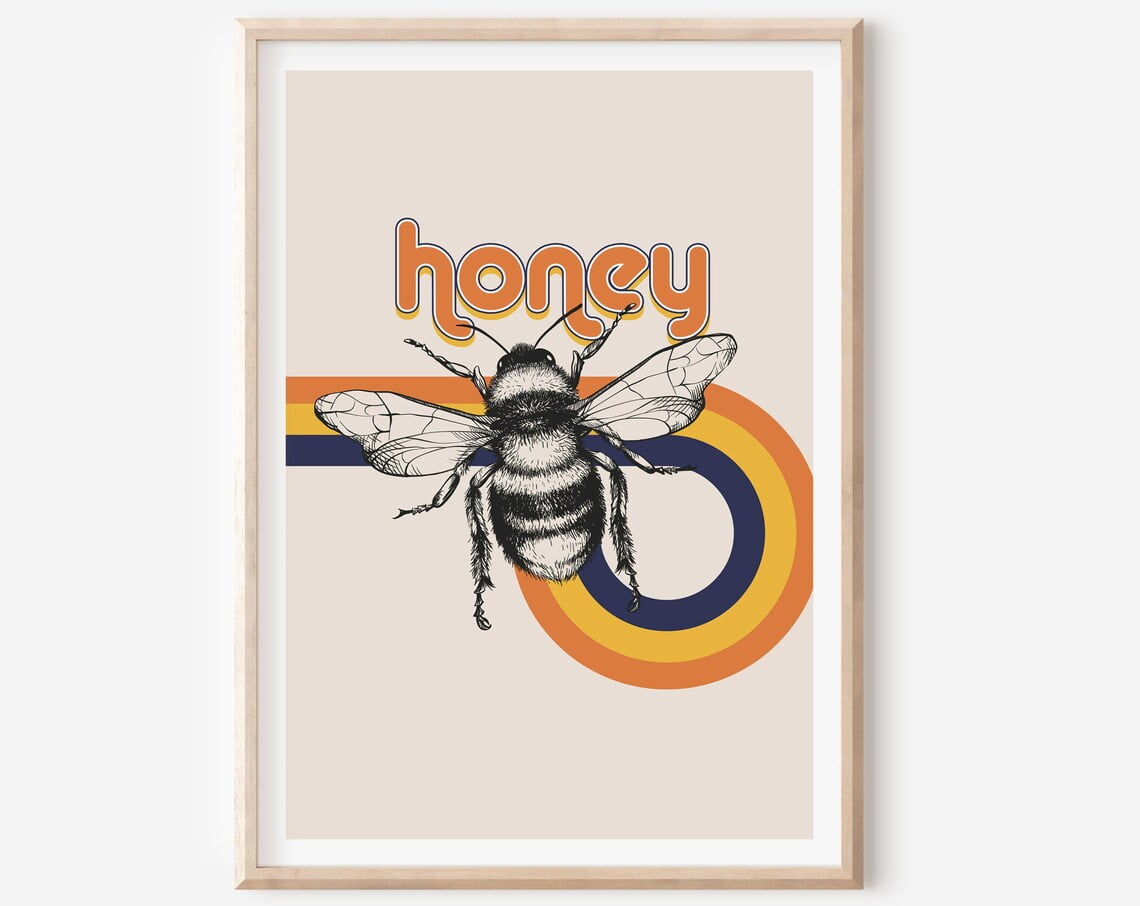 Retro Honey Bee Print - Retro Wall Art, 60S 70S Inspired, Bumble Bee ...