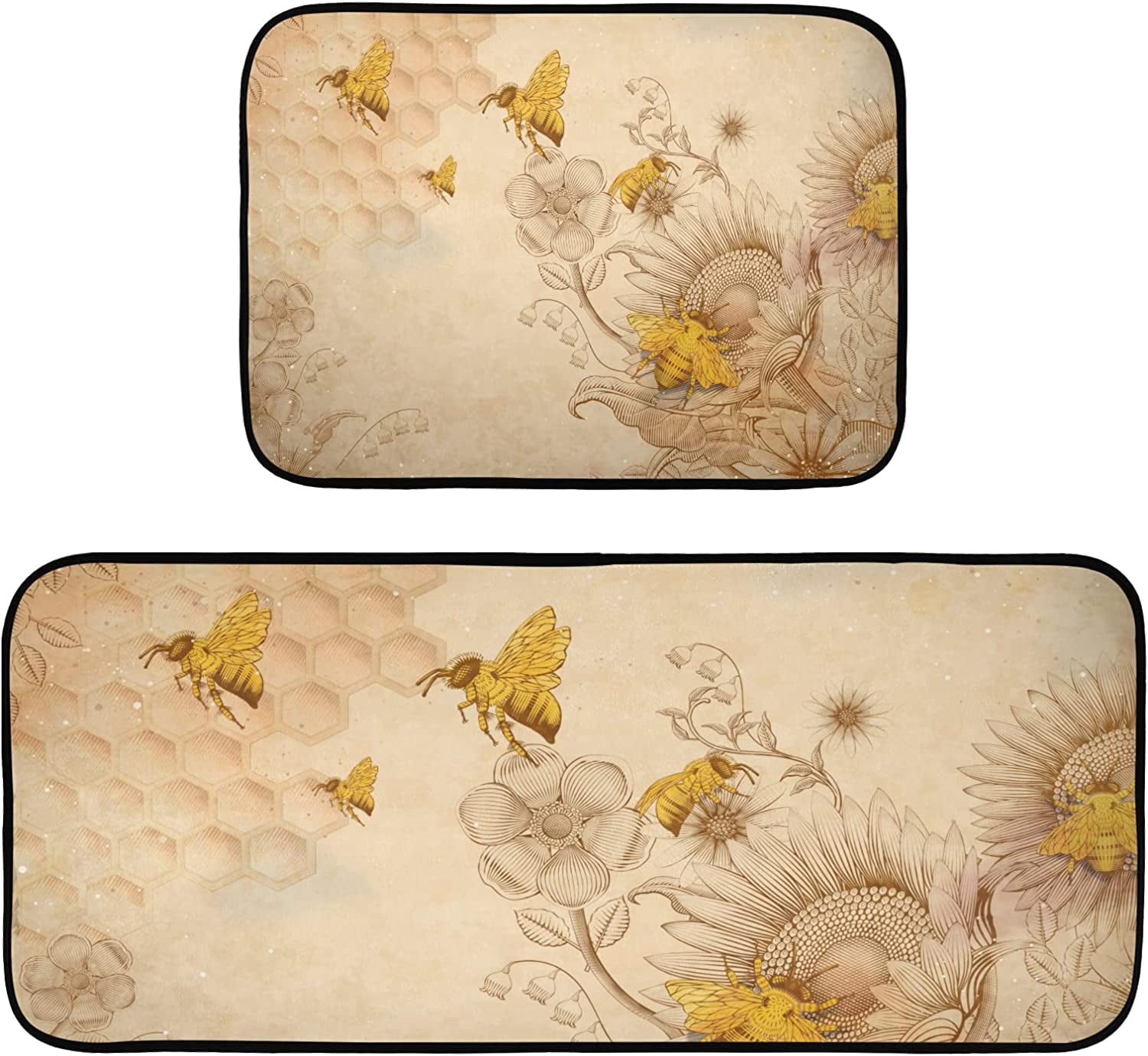 Retro Honey Bees Wildflowers Kitchen Mat Set of 2 Anti-Fatigue Kitchen ...