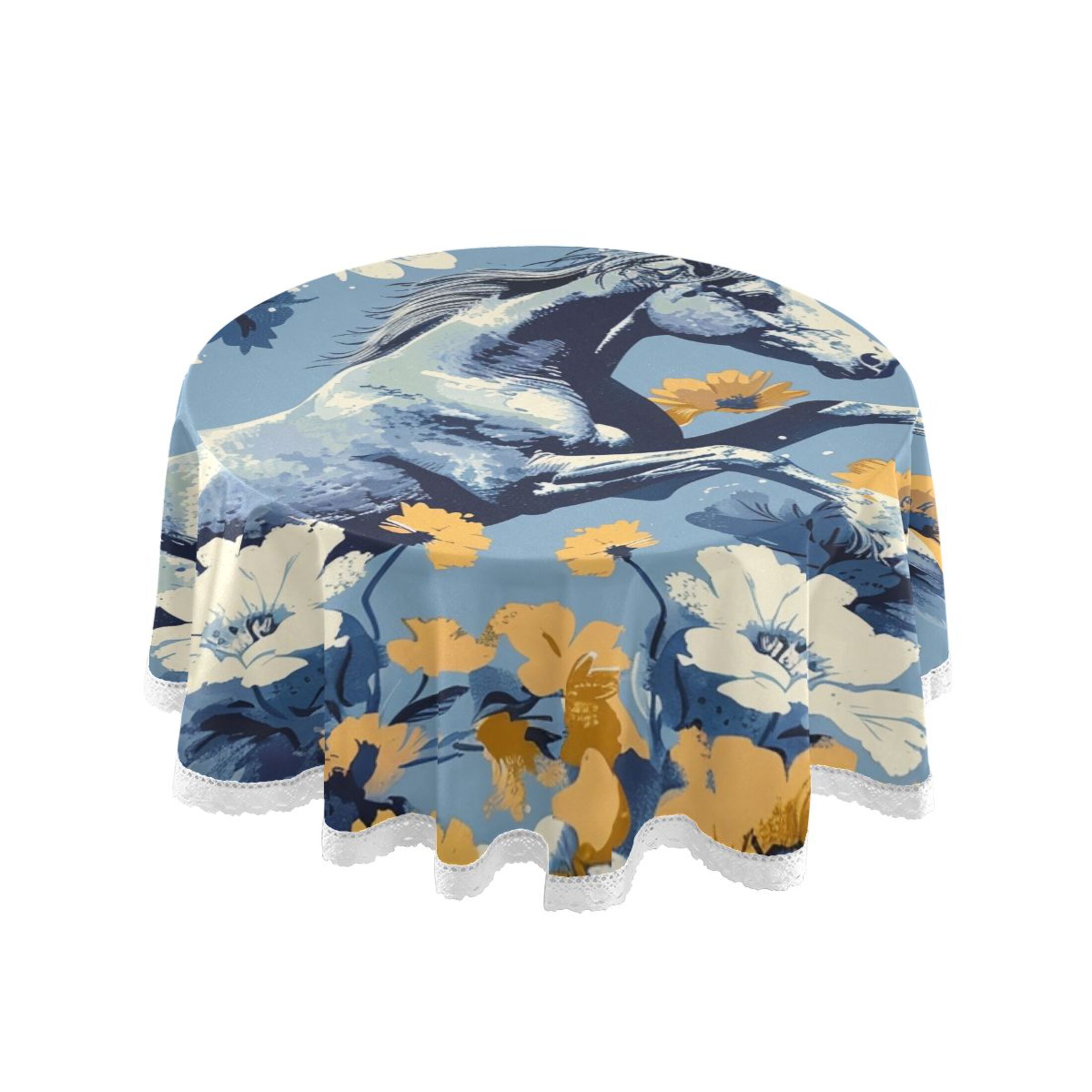 Retro Horse in Flowers Round Tablecloth 60" Reusable Circle Table Cover ...