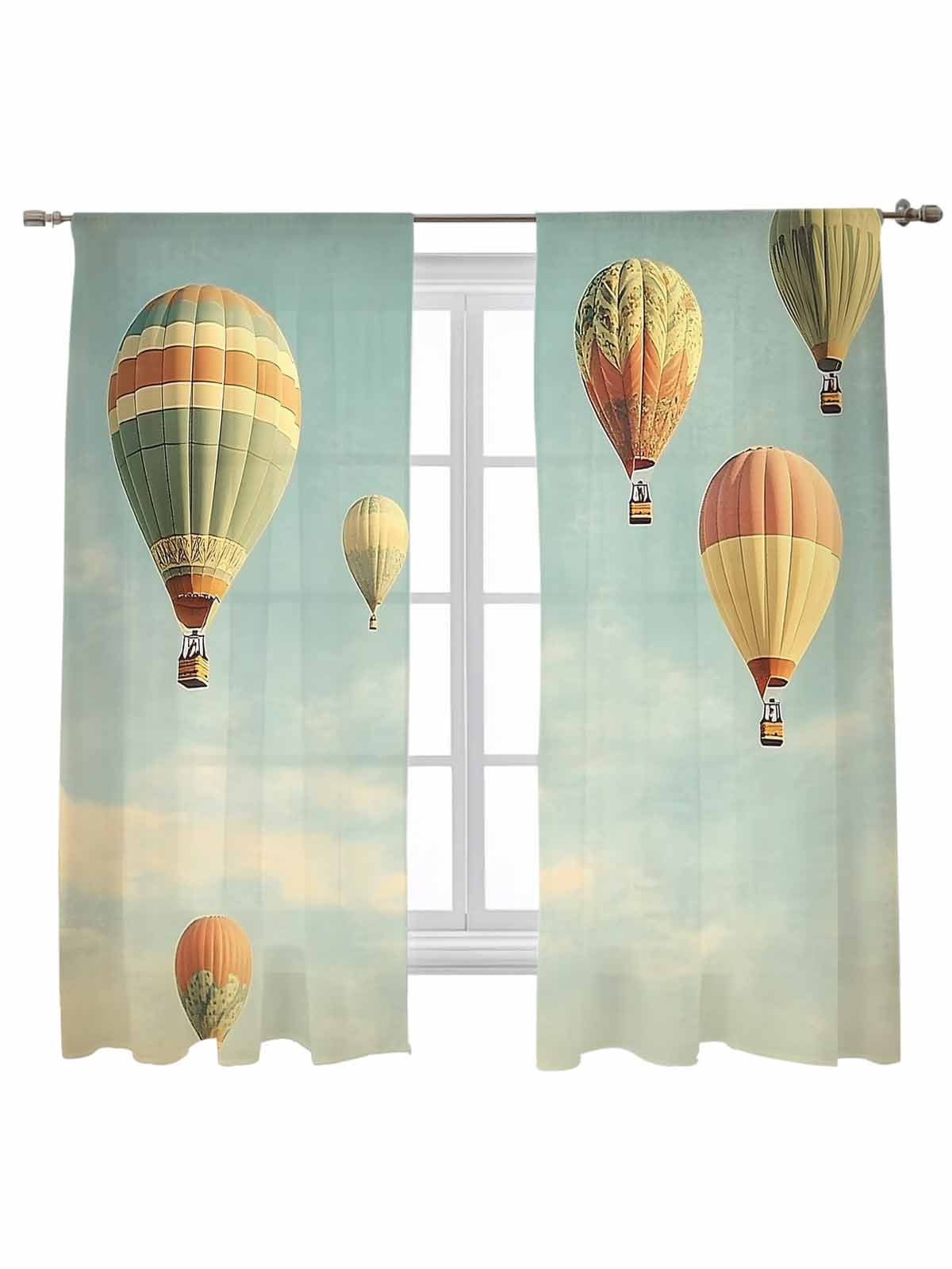 Retro Hot Air Balloon Sheer Curtains 63 Inch Long 2 Panels, Sky Clouds ...