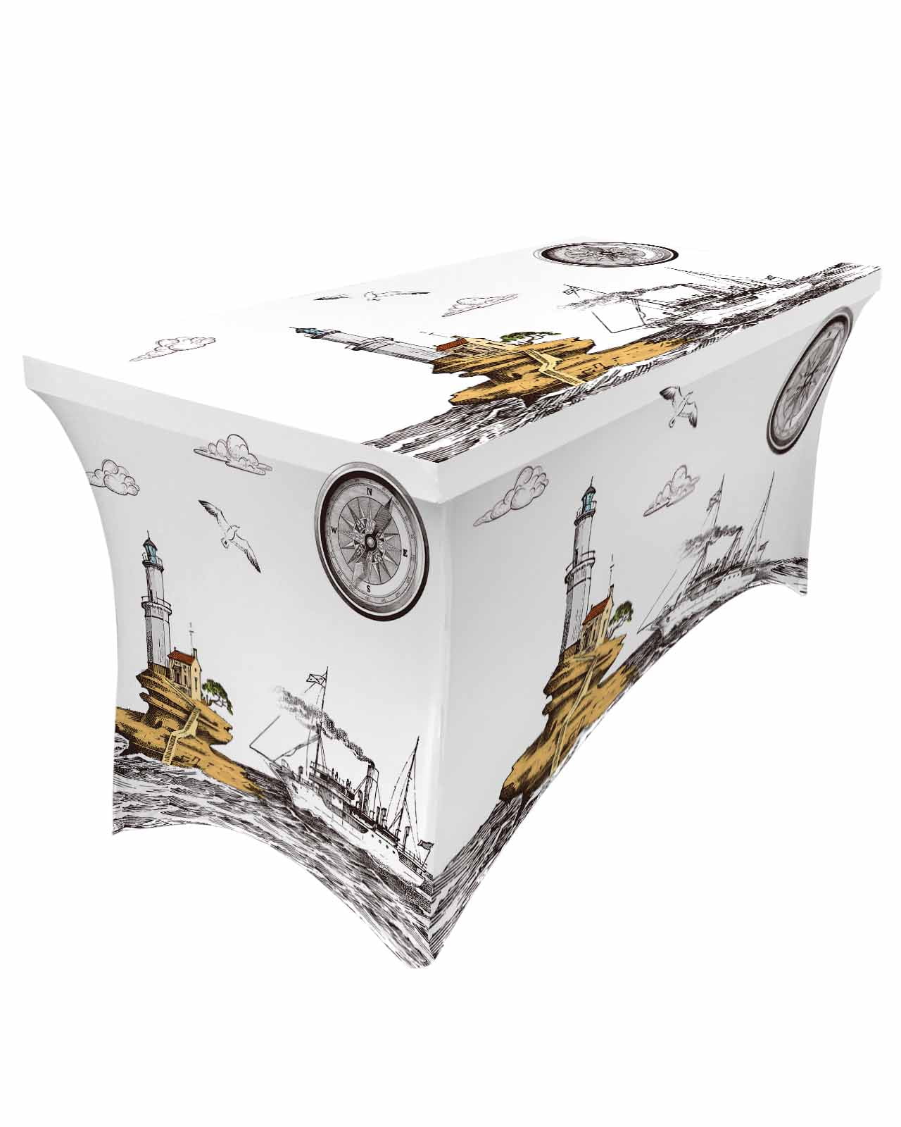 Retro Illustration Lighthouse Sailing Ship Rectangular Elastic Table ...