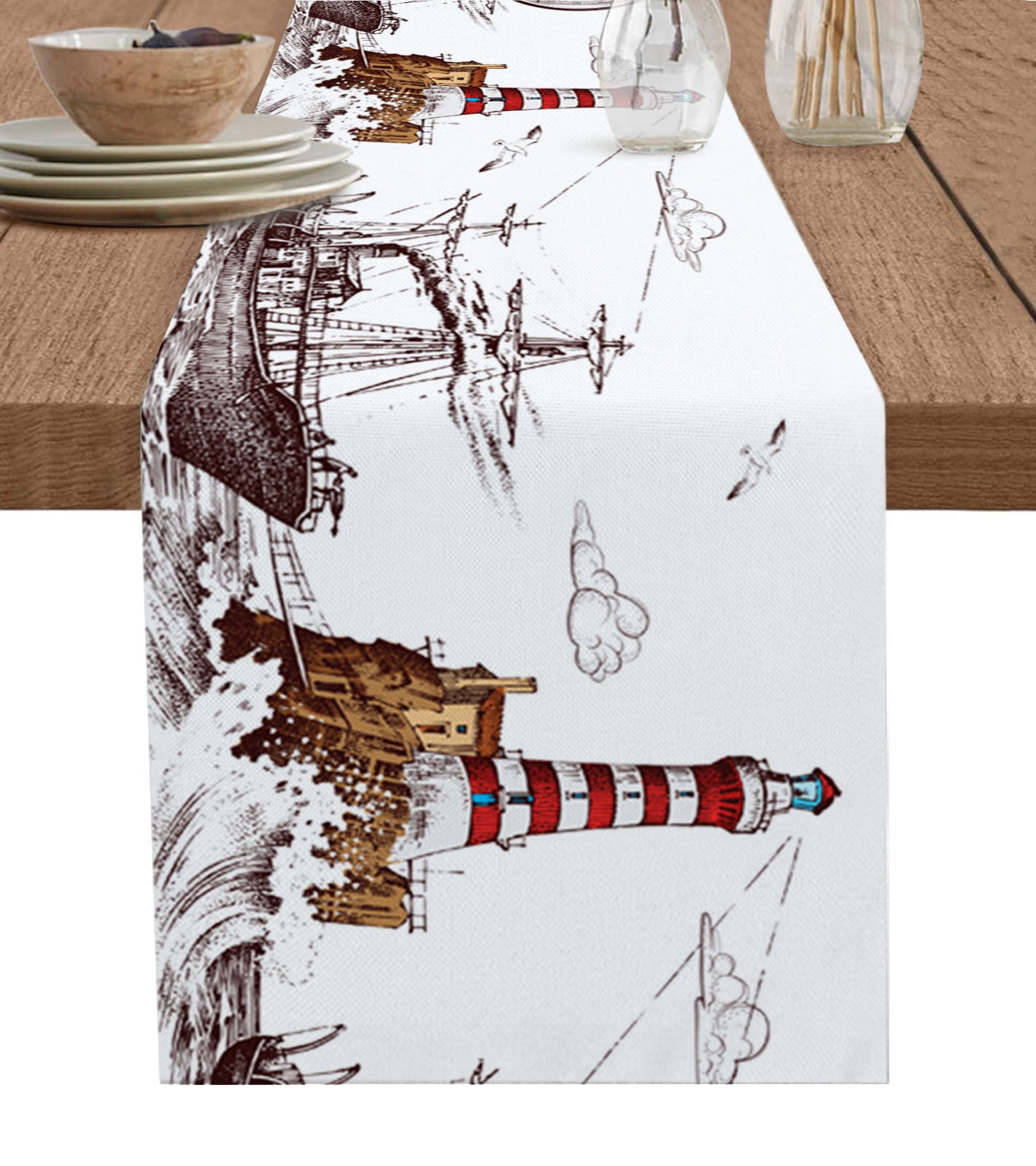 Retro Illustration Lighthouse Sailing Ship Table Runner Wedding r Table ...
