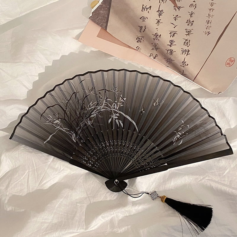 Retro Ink Orchid Silk Folding Fan New Chinese Style Ancient Lotus Hand ...