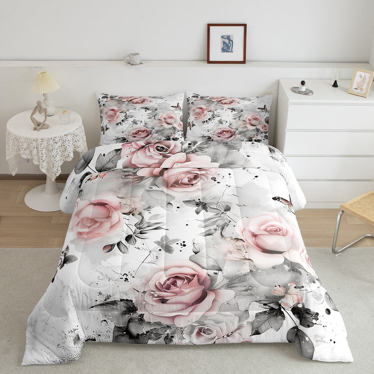Retro Ink Painting Comforter Set,Vintage Rose Flowers Bedding Set ...