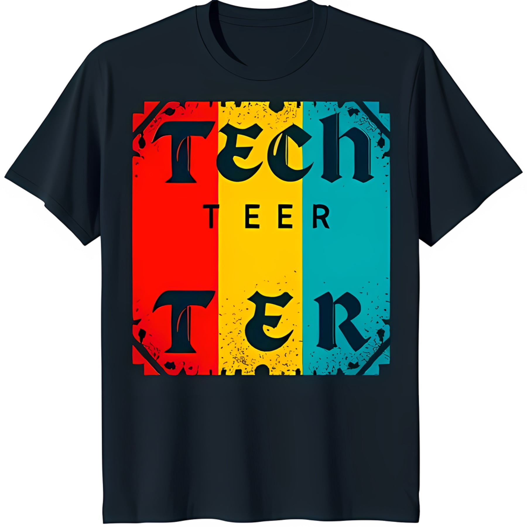 Retro Inspired Black T-Shirt with Bold 'Tech teer Ter' Graphic Design ...