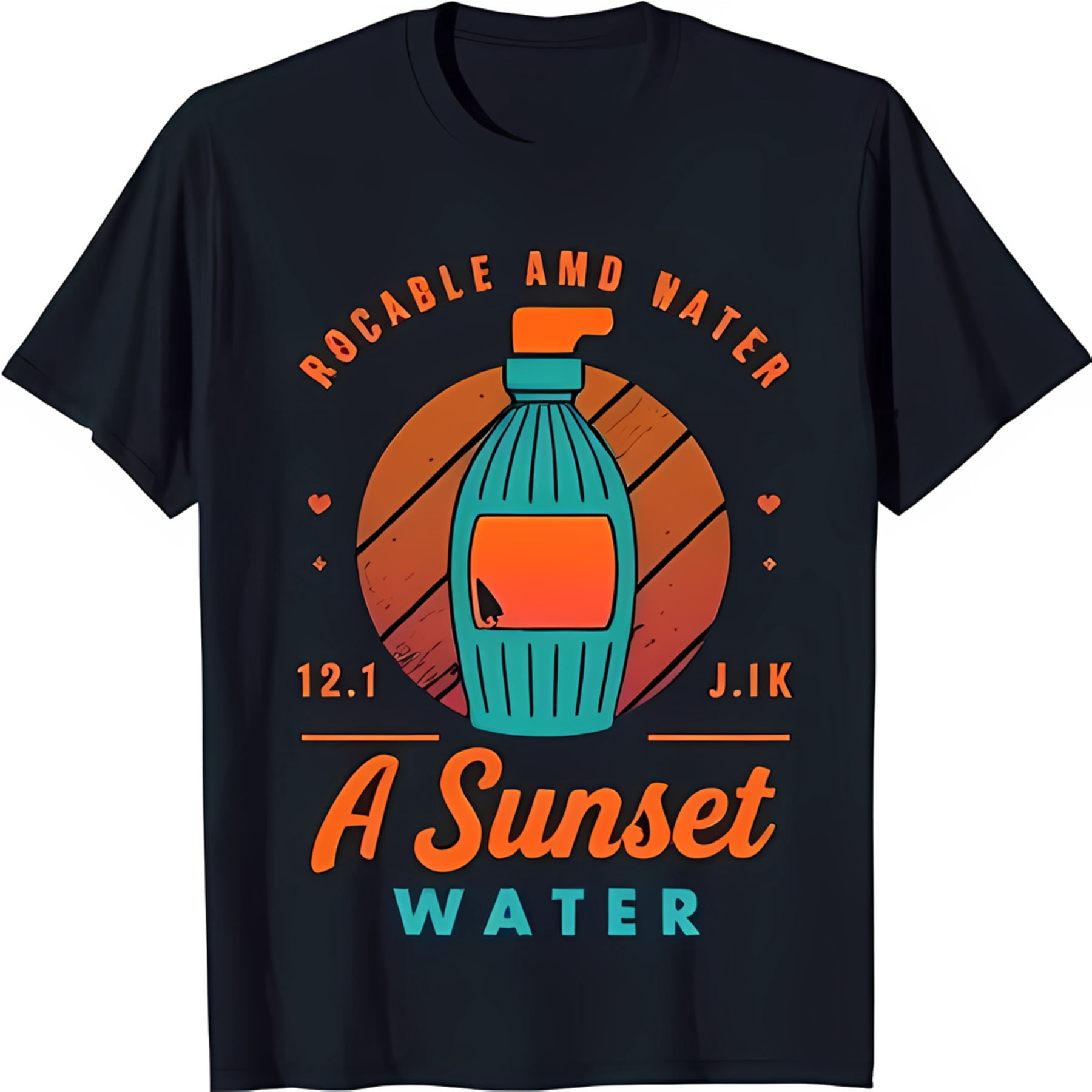 Retro Inspired Black T-Shirt with Vibrant Water Bottle Graphic & Sunset ...