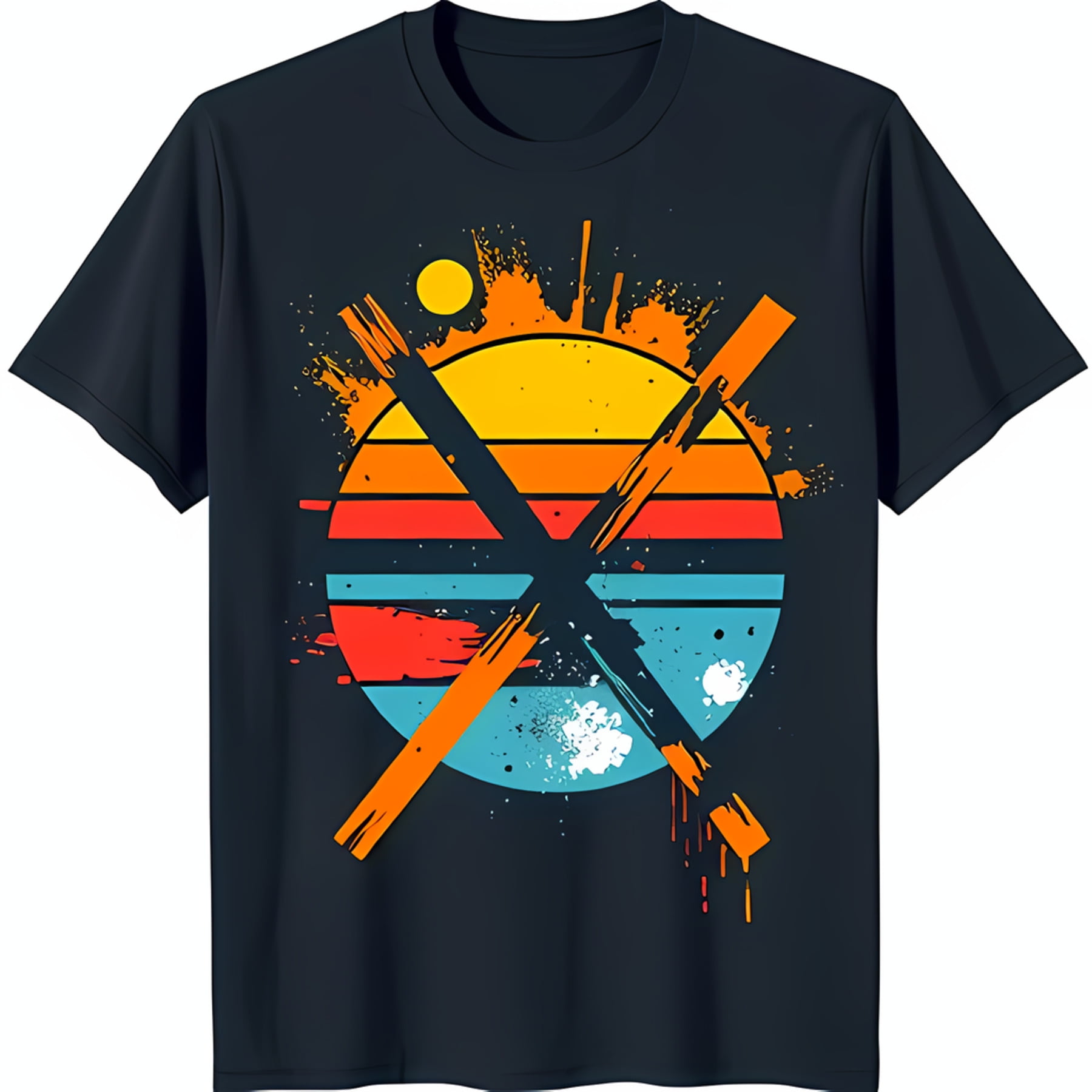 Retro Inspired Blue T-Shirt with Colorful Sunset Graphic & Splatter ...