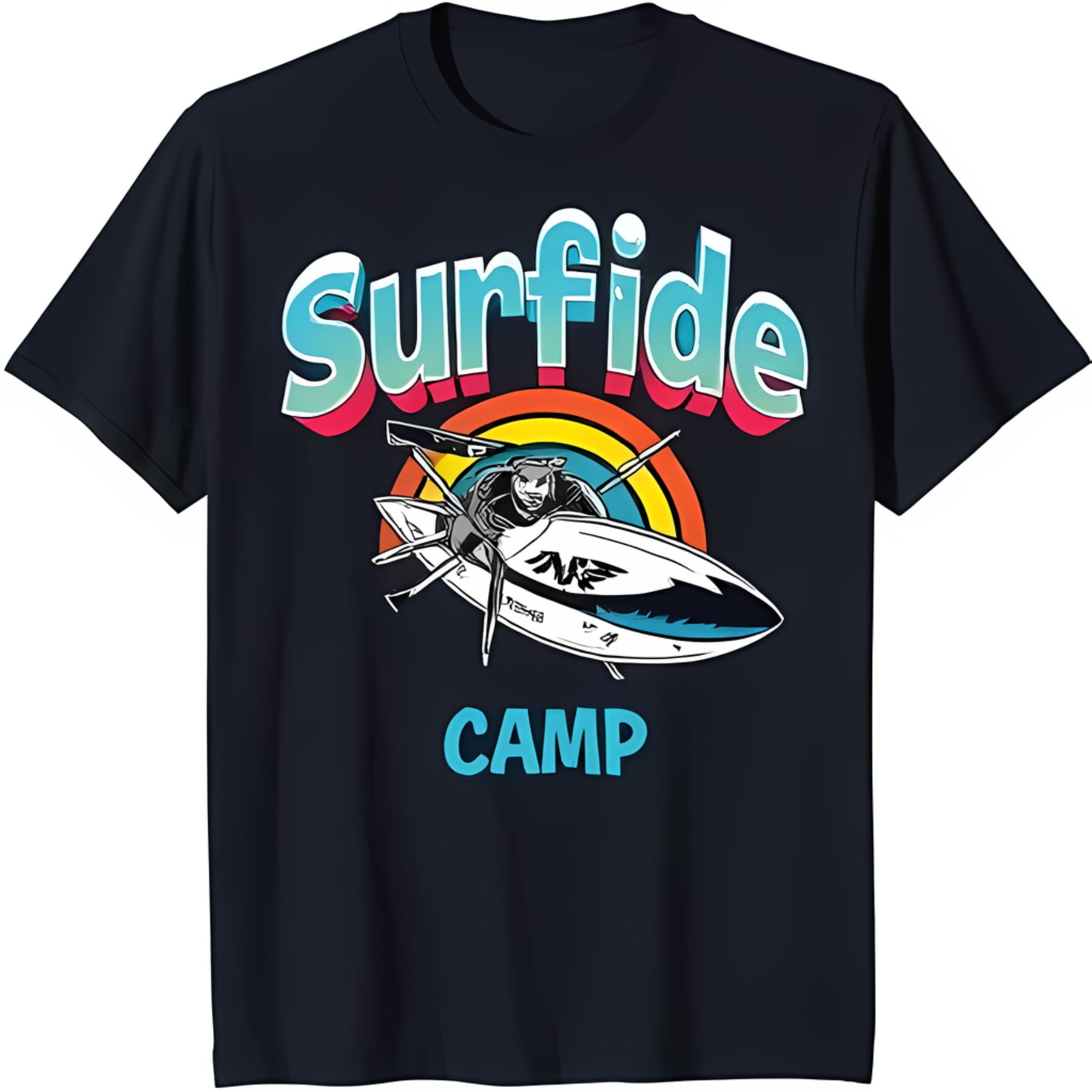 Retro Inspired Dark Blue T-Shirt with Colorful 'Surfide Camp' Graphic ...