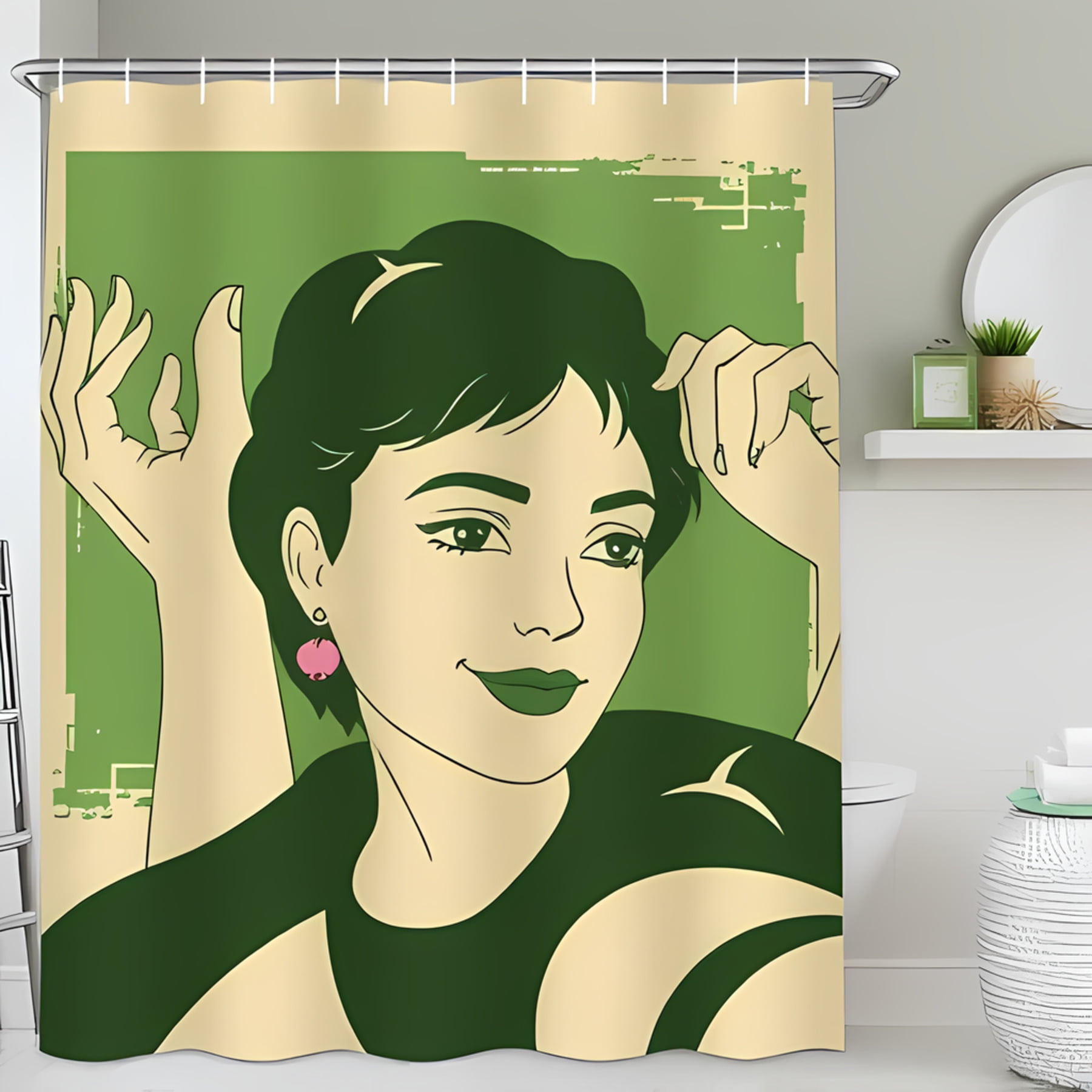 Retro Inspired Shower Curtain with Serene Woman Illustration in Muted ...