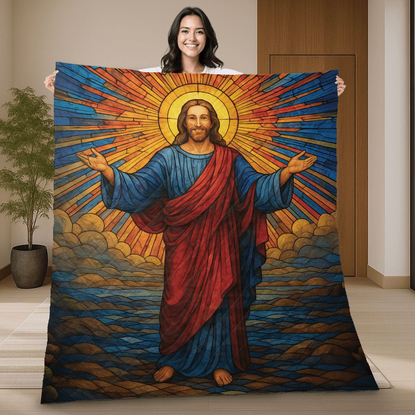 Retro Jesus Christ Stained Glass Religious Quilt Blanket - Colorful ...
