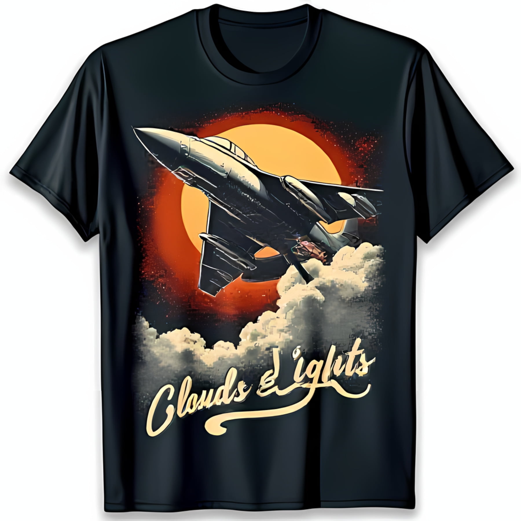 Retro Jet Fighter T-Shirt Black Tee with Clouds & Lights Design ...