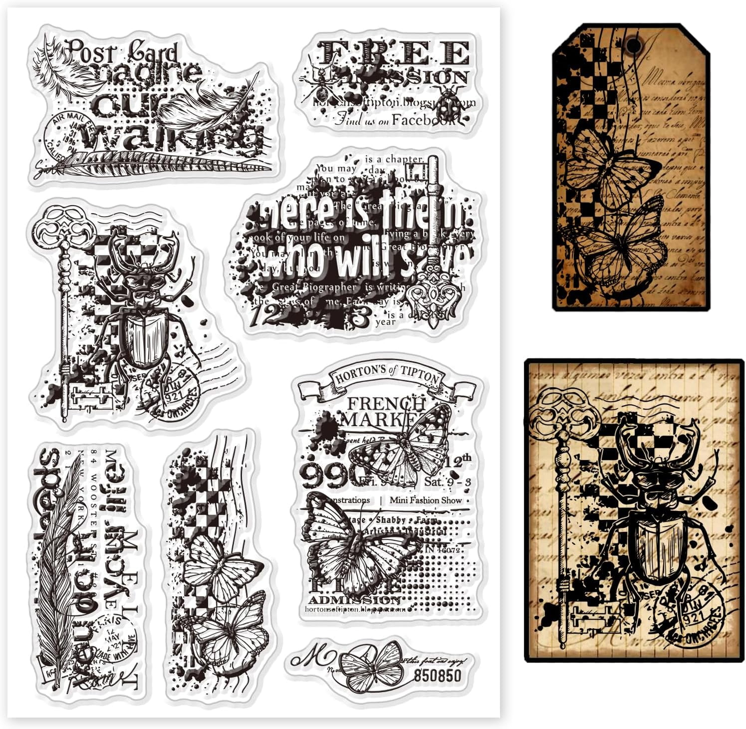 Retro Keys and Feathers Clear Stamps for Cards Making Vintage Text ...