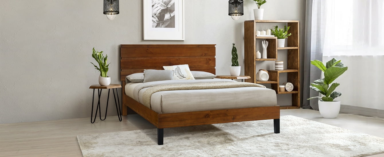 Retro King Size Wood Platform Bed with 3 Pieces Headboard Design, No ...